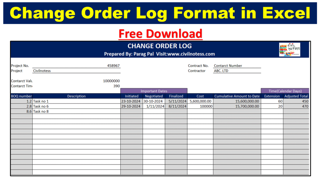 Change Order Log format in Excel Free Download - Civilnotess.com